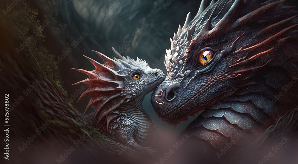Dragon mother and her baby, close up of them together bonding. Fantasy ...