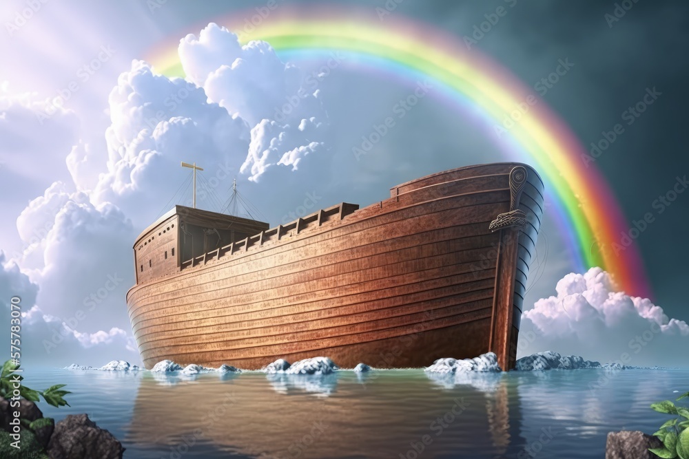 Noah's Ark in the water and rainbow in the background, Generative AI ...