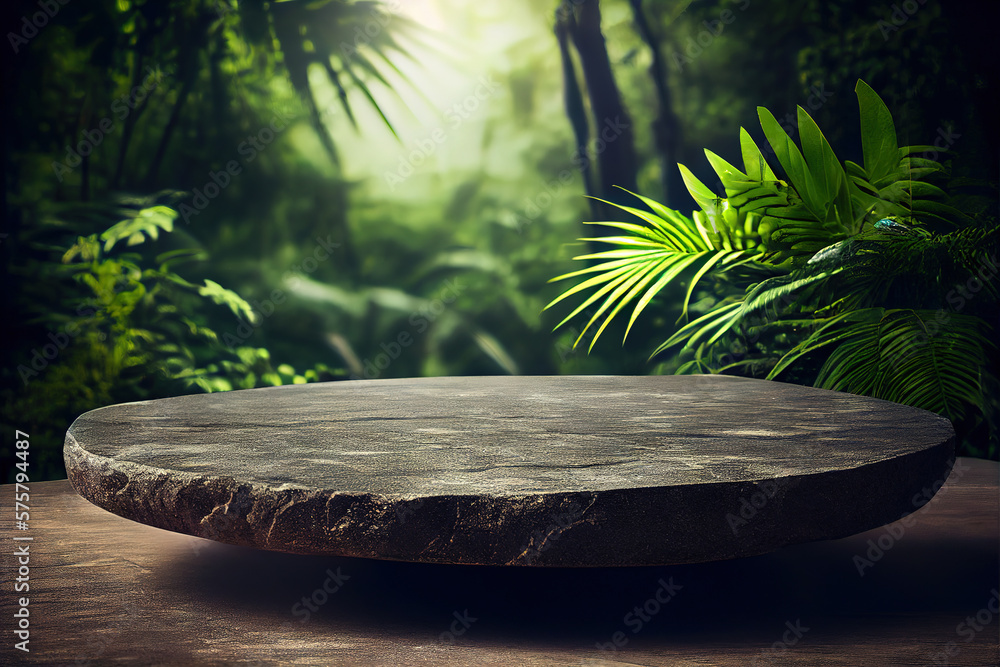 Empty stone table for product advertising display in fresh green jungle ...