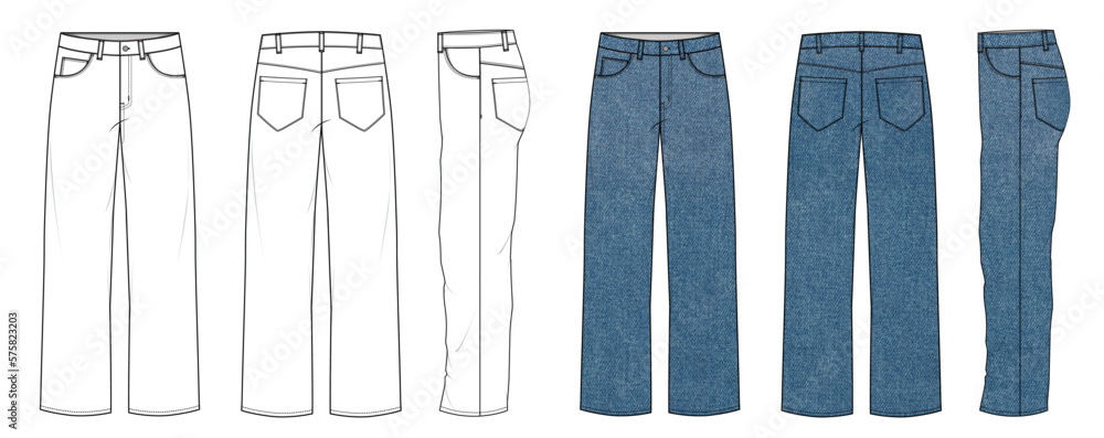 Straight jeans pants vector template illustration cad technical drawing ...