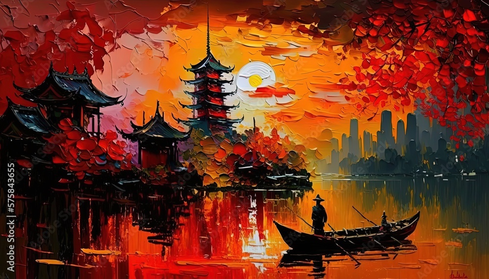 paint like illustration of Asian ancient town lakeside landscape ...