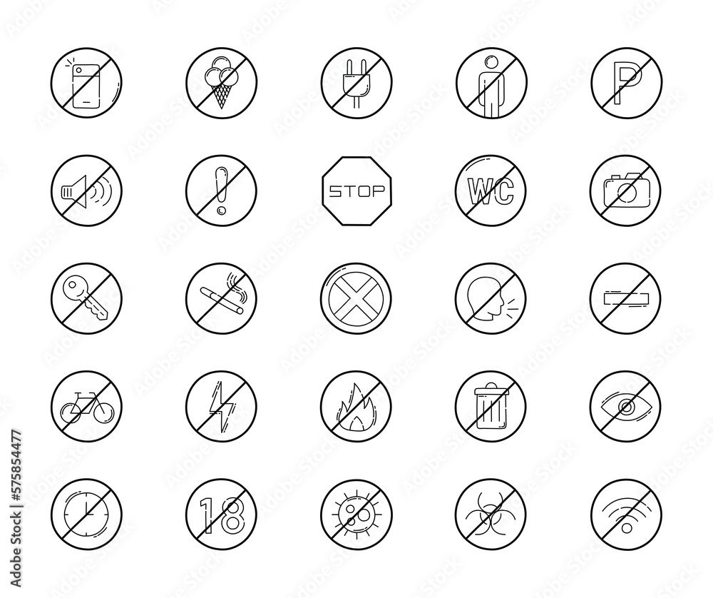 Icon set of warning symbols. Prohibition signs. Hand drawn style ...