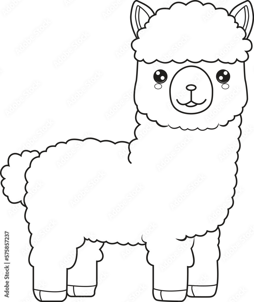 Cute Alpaca cartoon. Black and white lines. Coloring page for kids ...