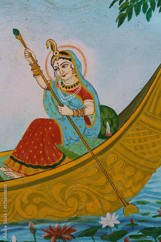 Painting depicting Sri Radha (Krishna's consort) rowing a boat. India ...