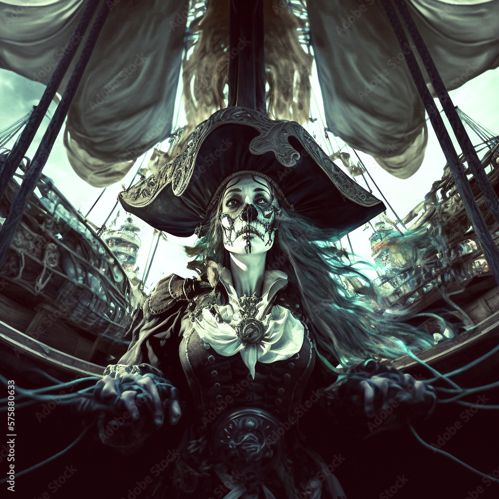 Zombie pirate woman with rotting face on the ship deck, great angle ...