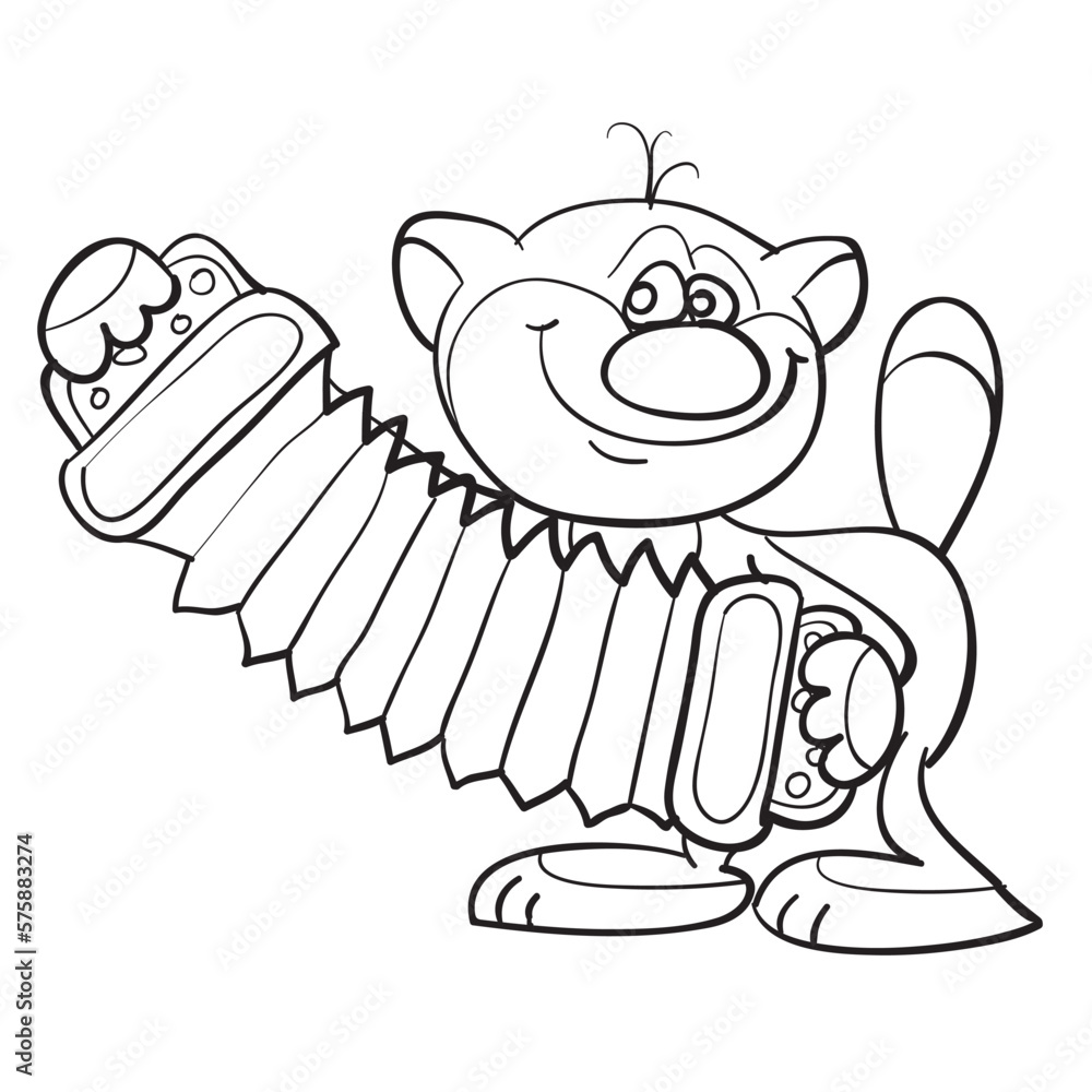 sketch, cute cat playing harmonica, isolated object on white background ...