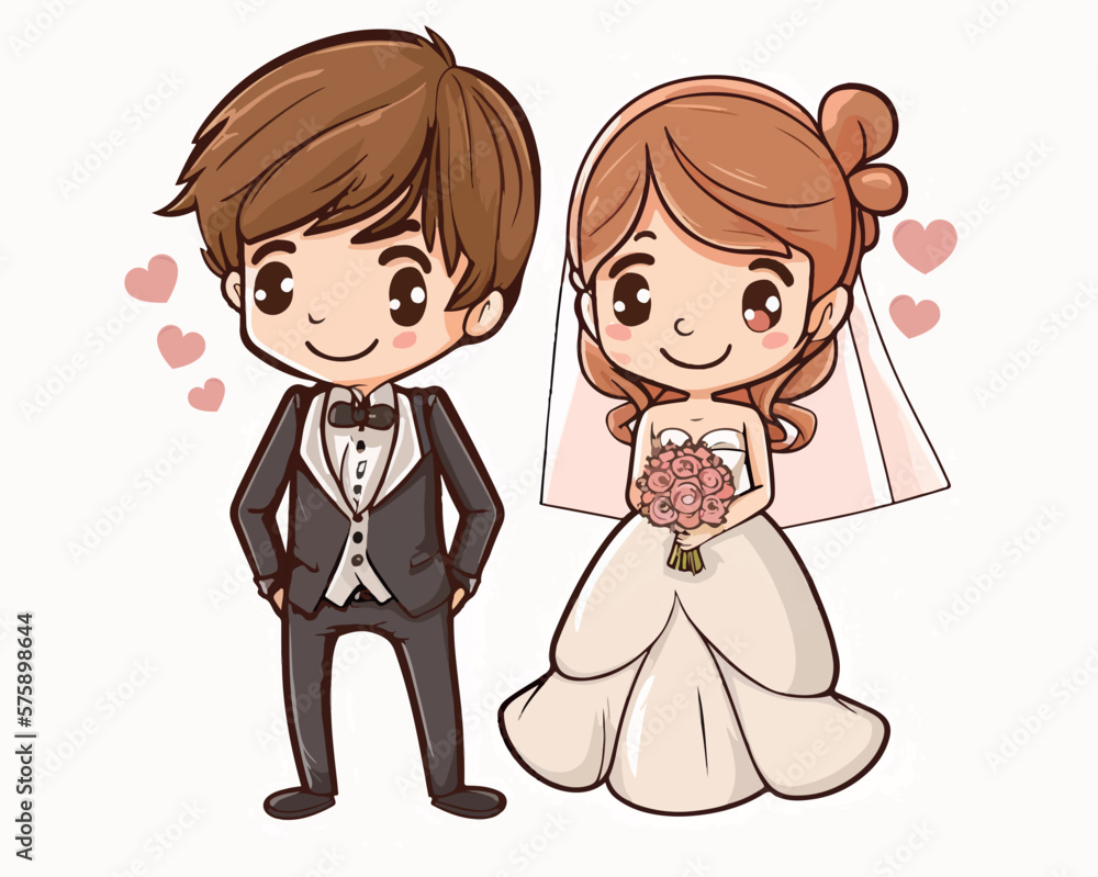 Cute cartoon wedding pictures. Bride and groom in love, the vector ...