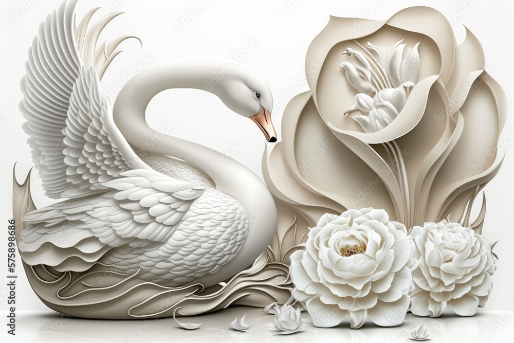 3D wallpaper swan and butterfly and flower most beautiful on white ...