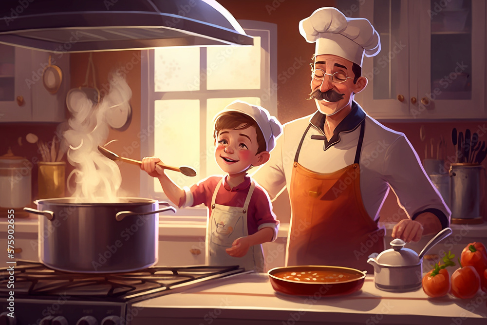 Cartoon style illustration of a smiling kid boy cooking with his smiling dad - AI generative ...