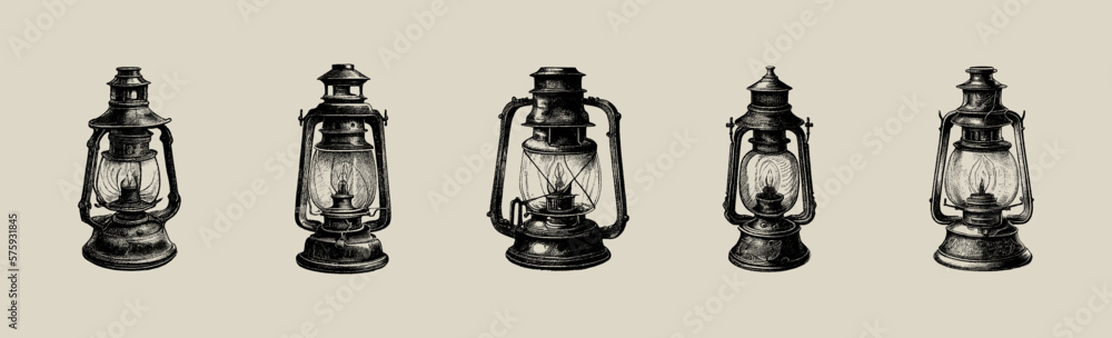 Kerosene lamp. A set of lamps is drawn in pencil isolated on the ...