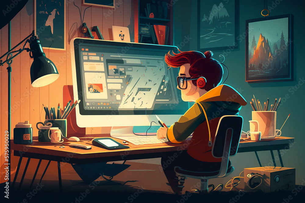 Cartoon stile illustration of graphic designer at work - AI generative ...
