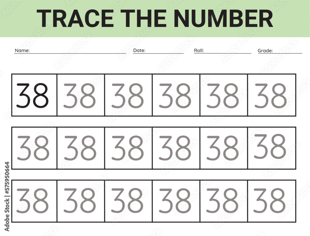 Number 38. card for kids learning to count and to write, worksheet for ...