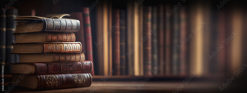 Banner or header image with stack of antique leather books in library ...