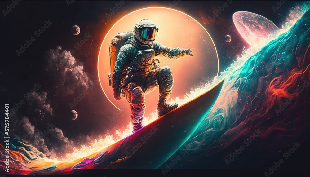 Vivid colorful illustrations of astronaut in space surfing on surfboard ...