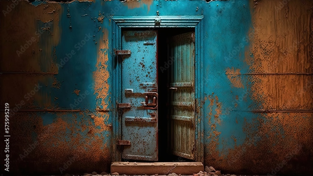 blue rusted metal door of old container, idea for abstract background ...