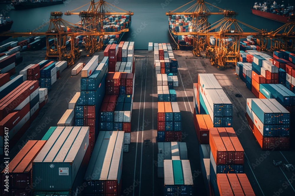 Shipping Container Port Illustration with giant cargo ships. Ai ...