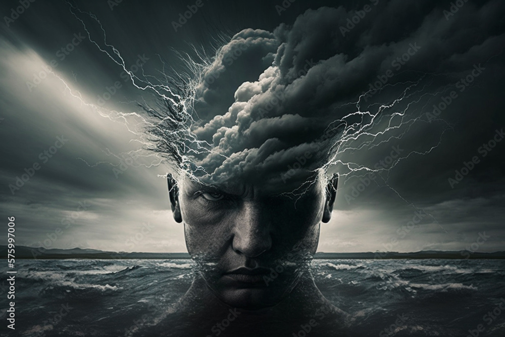 Negative thinking concept with head in storm clouds and lighting ...