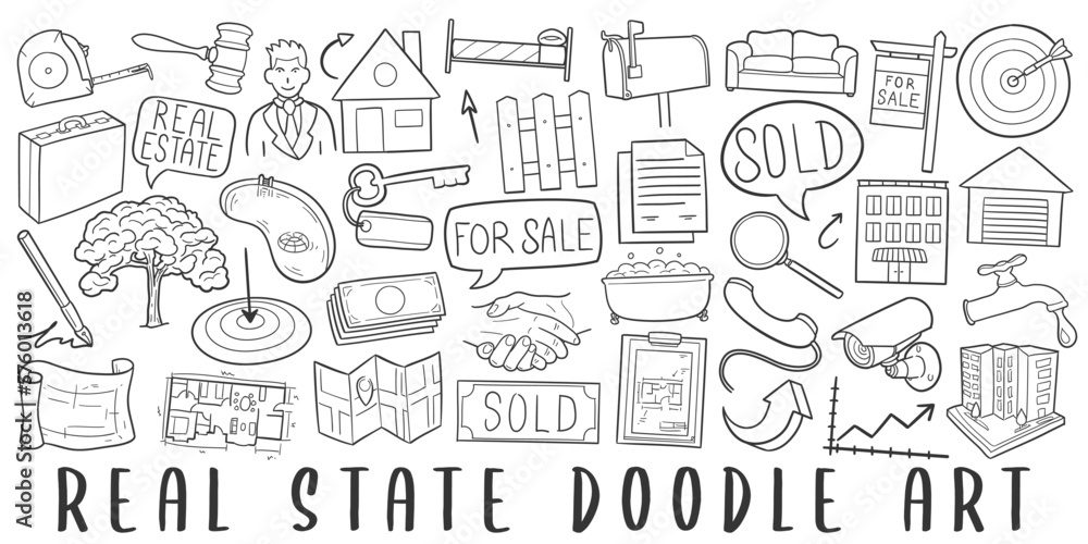 Real State Doodle Icons. Hand Made Line Art. Building Business Clipart ...