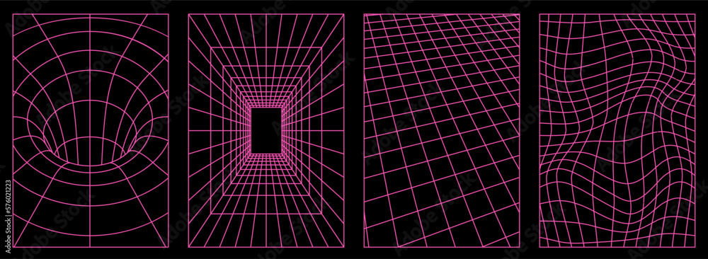 Geometry wireframe grid backgrounds in neon pink color. 3D abstract posters, patterns, cyberpunk ...