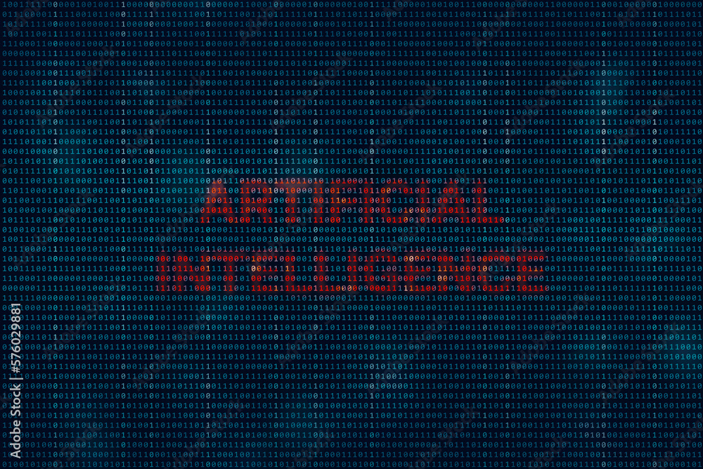 Red artificial intelligence over a binary code textured wallpaper. Blue zero and one texture ...
