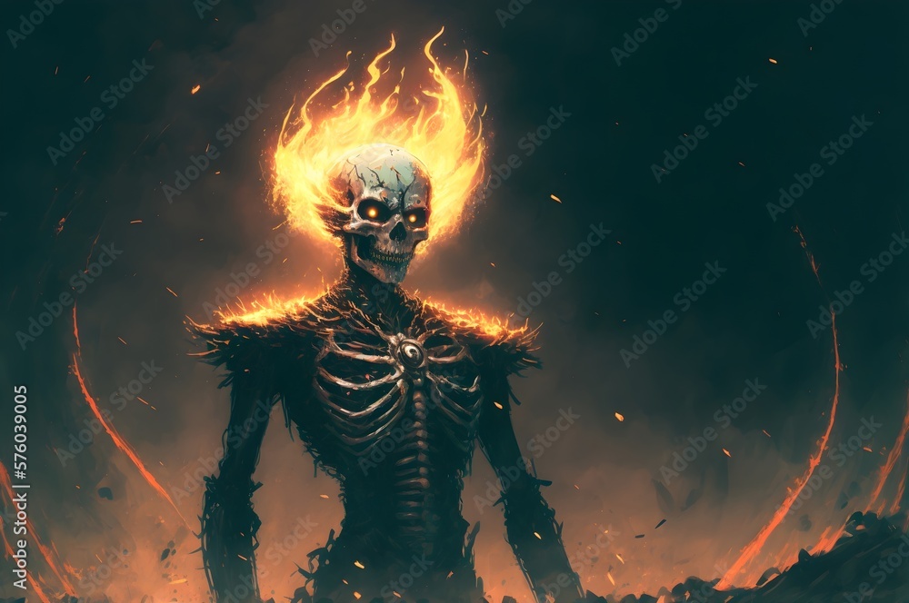 horror character of demon skeleton with fire flames in hellfire ...