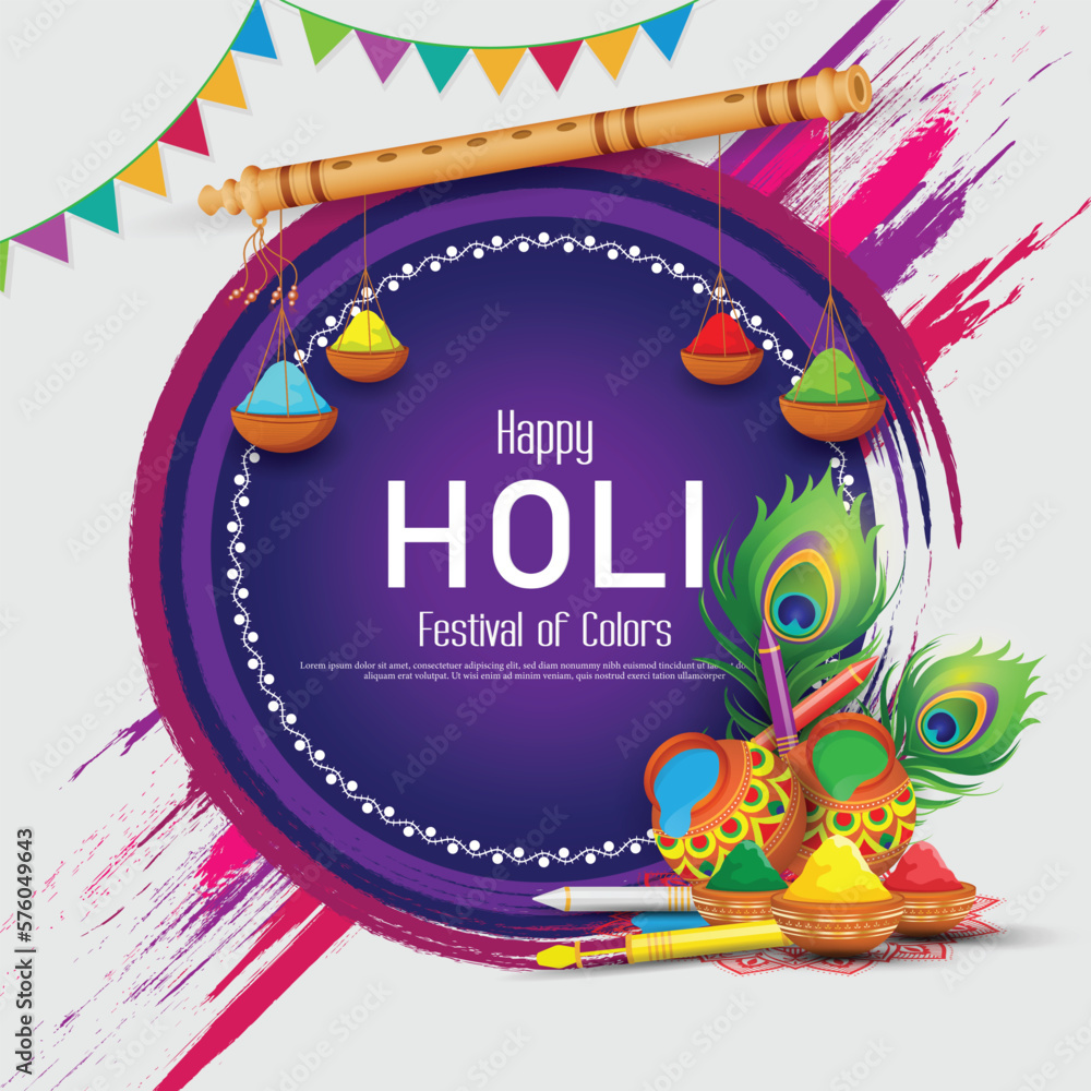 Happy holi festival poster template with holi powder color bowls on ...