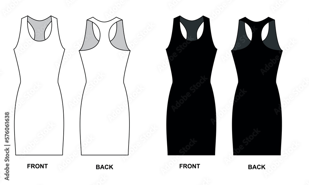 Outline vector drawing of short sleeveless dress, black, white colors ...