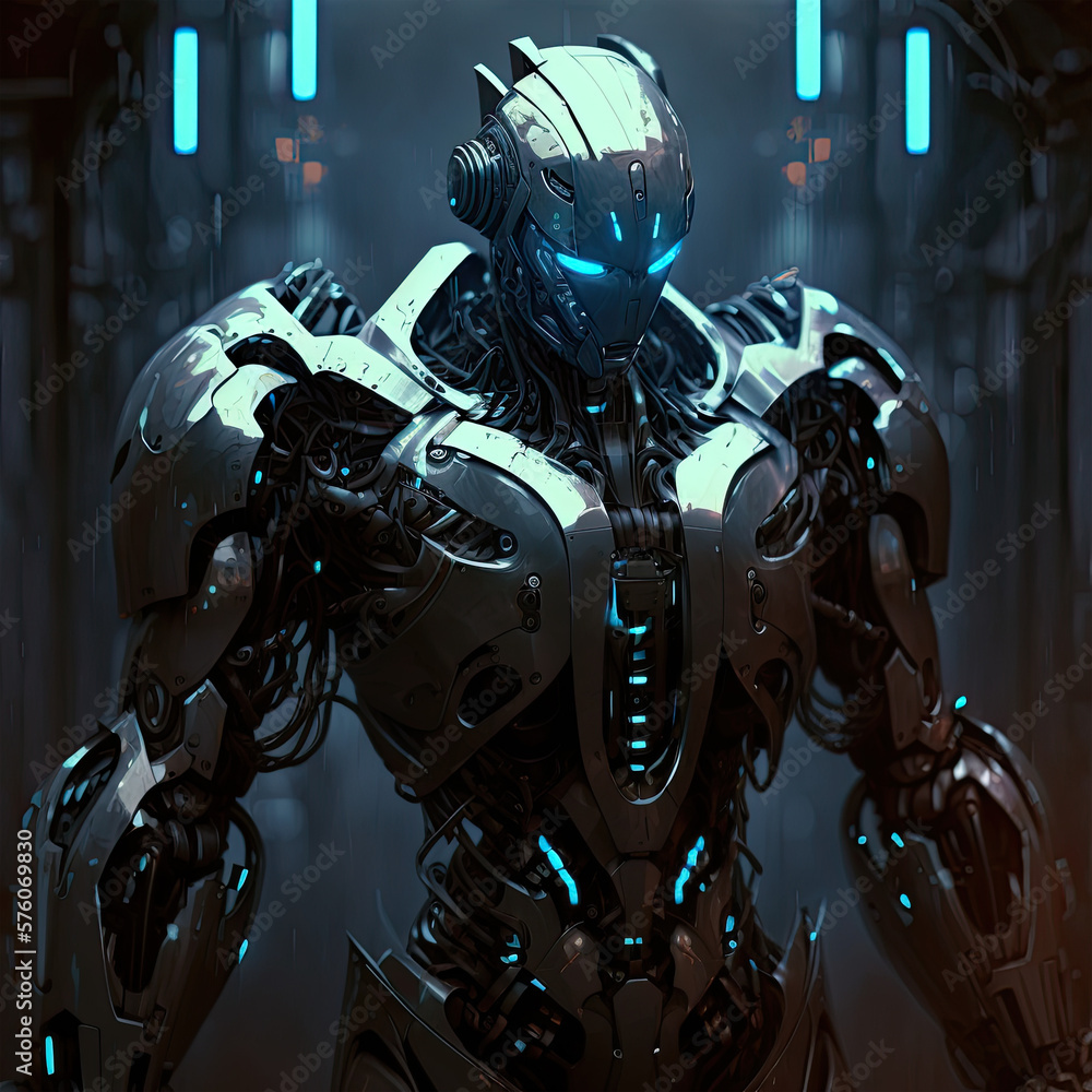 A futuristic robot with sleek, metallic curves and glowing blue eyes, standing against a dark ...