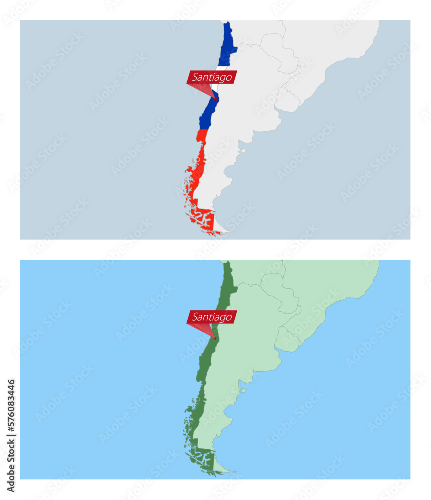 Chile map with pin of country capital. Two types of Chile map with ...