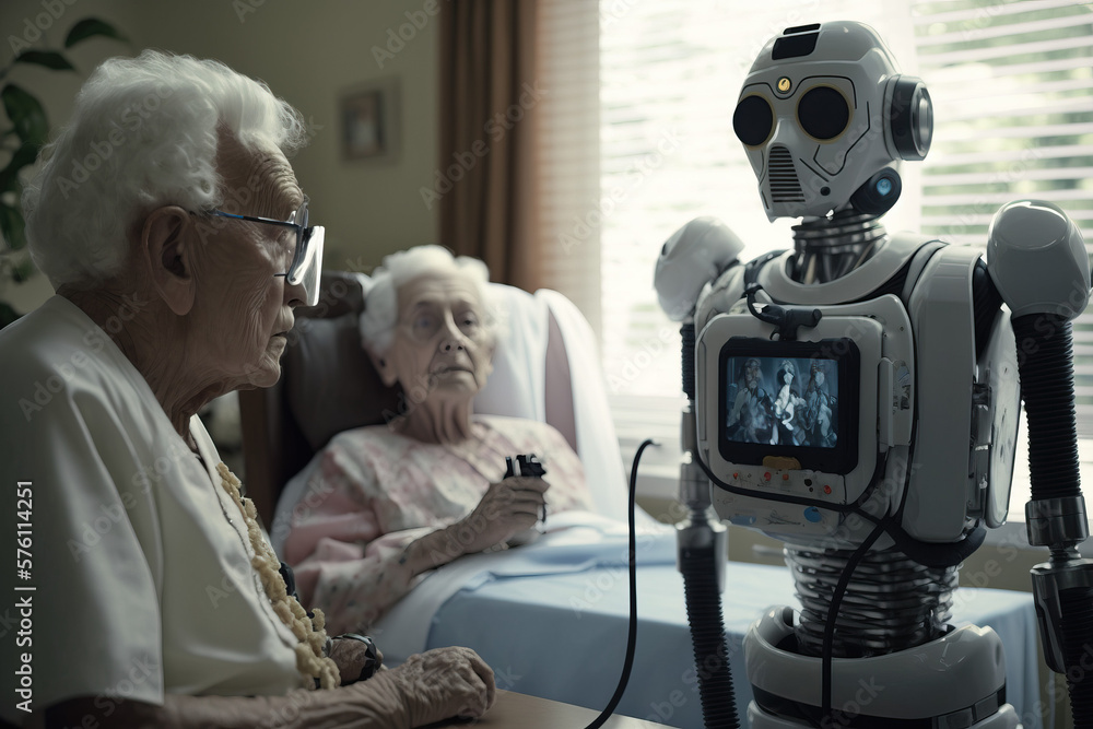 Future Elderly Care. Cyborg Robots monitoring vital signs and ...