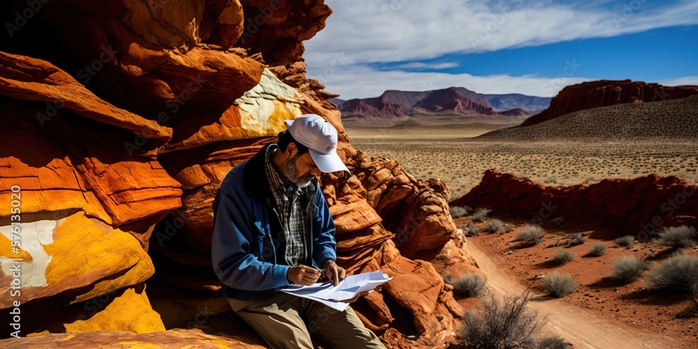 Geologist examining rock formation in remote location, concept of ...