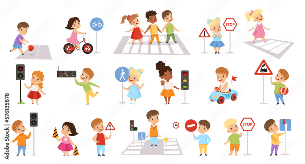 Road safety rules for children set. Kids crossing street along ...
