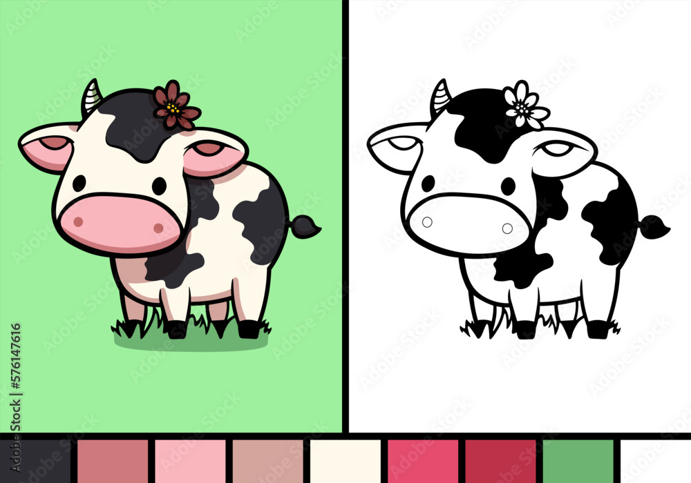 Cute cow cartoon illustration in coloring page style farm animal Stock ...