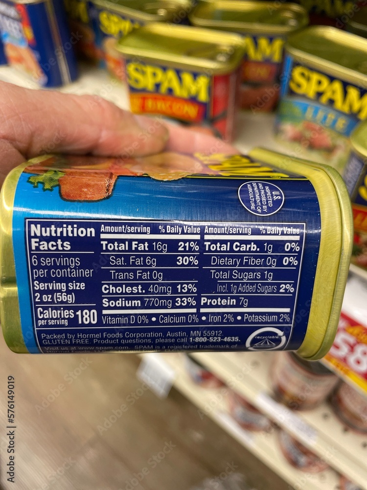 Grocery store Spam canned meat nutrition label Stock Photo | Adobe Stock