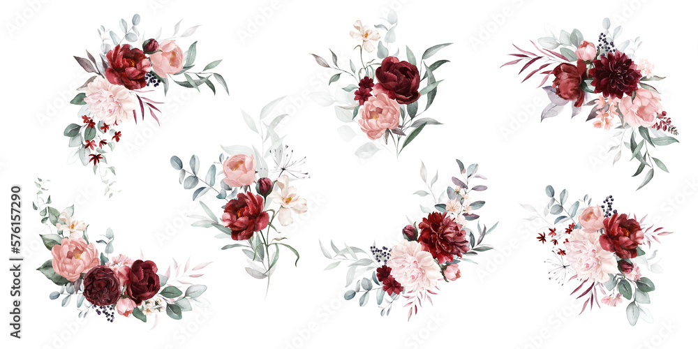 Watercolor floral wreath border bouquet frame collection set green ...