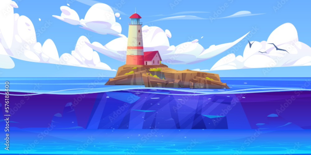 Cartoon vector sea landscape background with lighthouse on island ...