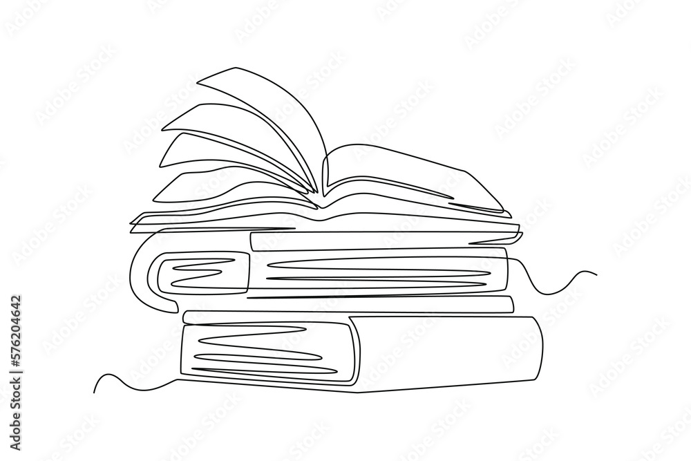 Single one line drawing Stack of books. World book day concept ...