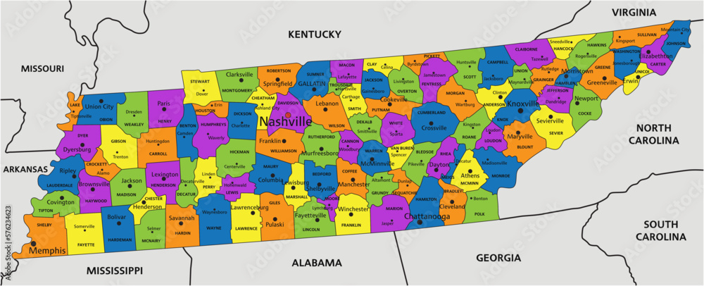 Colorful Tennessee political map with clearly labeled, separated layers ...