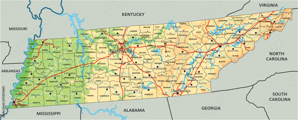 High detailed Tennessee physical map with labeling. Stock Vector ...