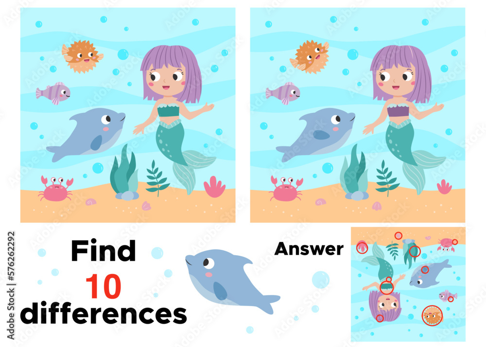 Find differences. Educational game for kids. Cute mermaid with dolphin, fish and crab. Fairy ...