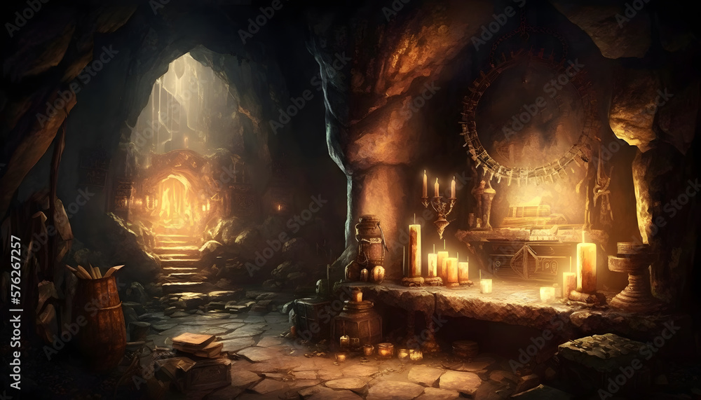 Grand cave treasure inside, treasure chest is opening with golden ...