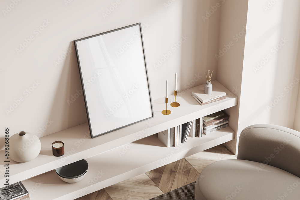 Vertical poster on shelf in white living room Stock Photo | Adobe Stock