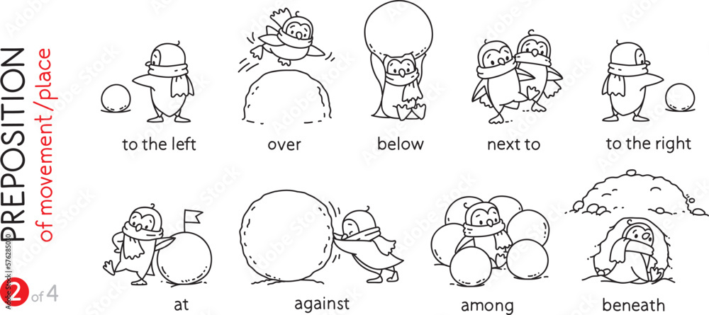 Preposition of place. Funny penguins cartoon set Stock Vector | Adobe Stock