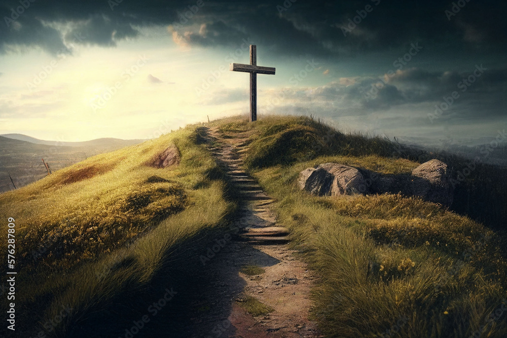 cross on the hill, the path leading to God, Happy easter. Christian ...