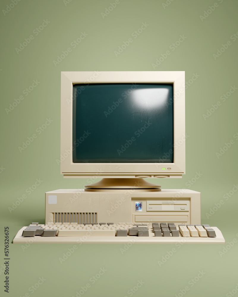 ภาพประกอบ Stock Classic retro 1990s beige home PC computer and CRT ...
