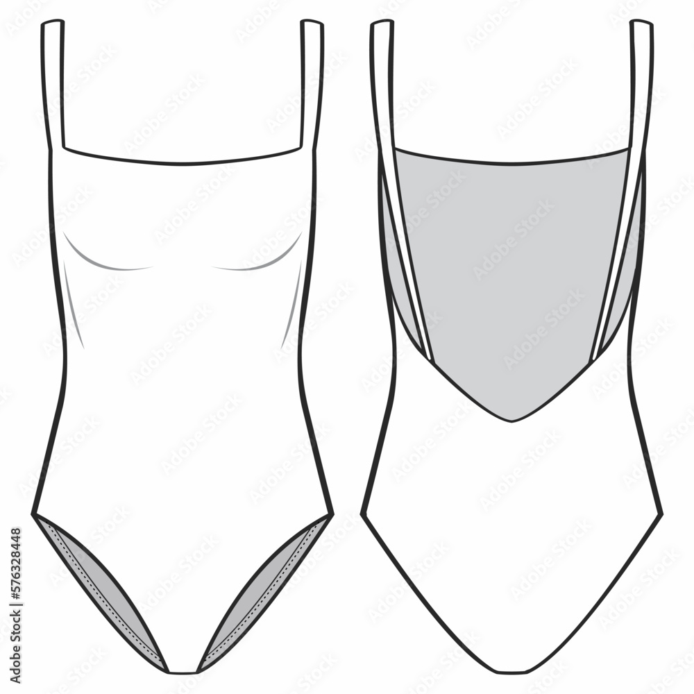 One Piece Swimsuit fashion technical drawing template. with a square ...