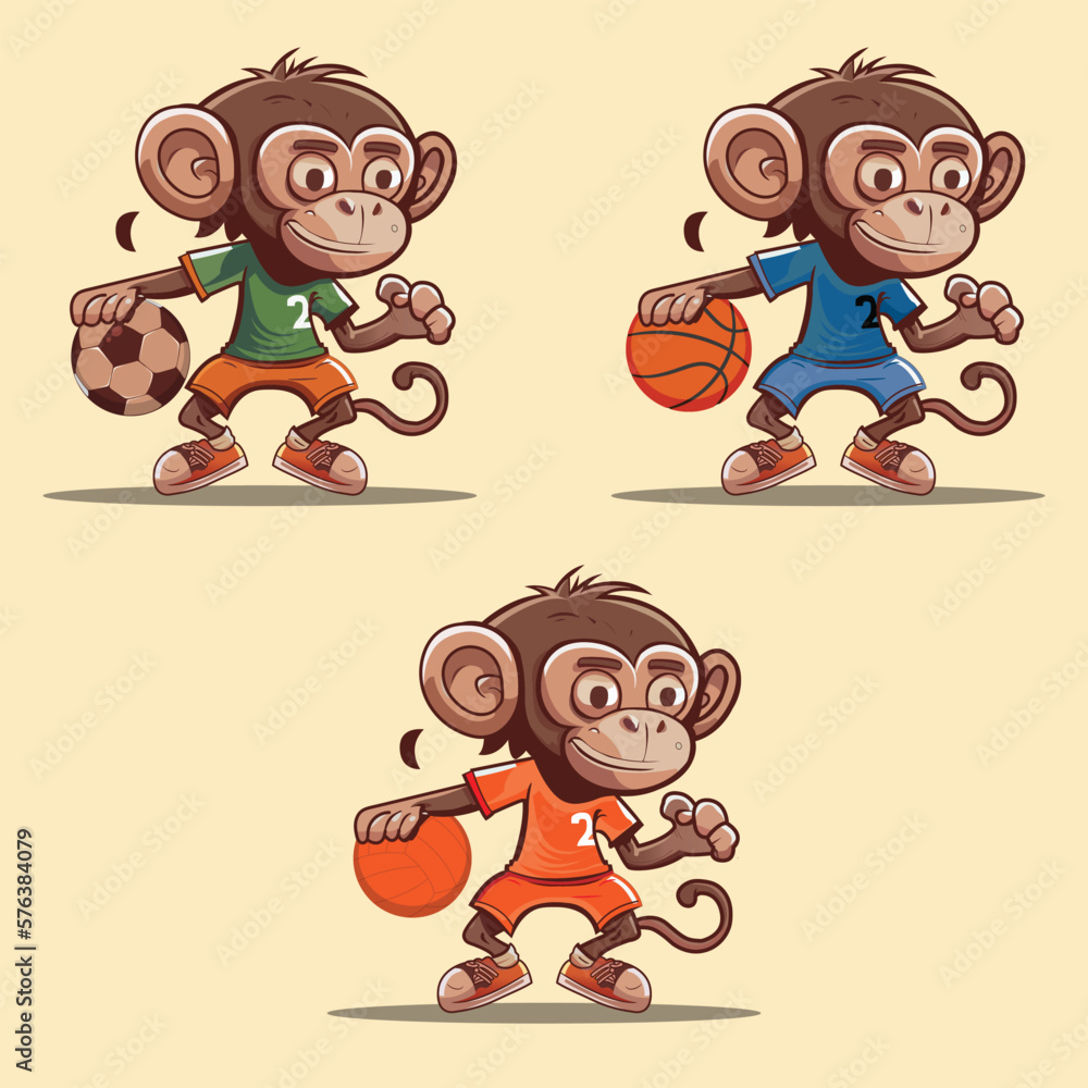 Cartoon illustration of cute monkey playing soccer, volleyball ...