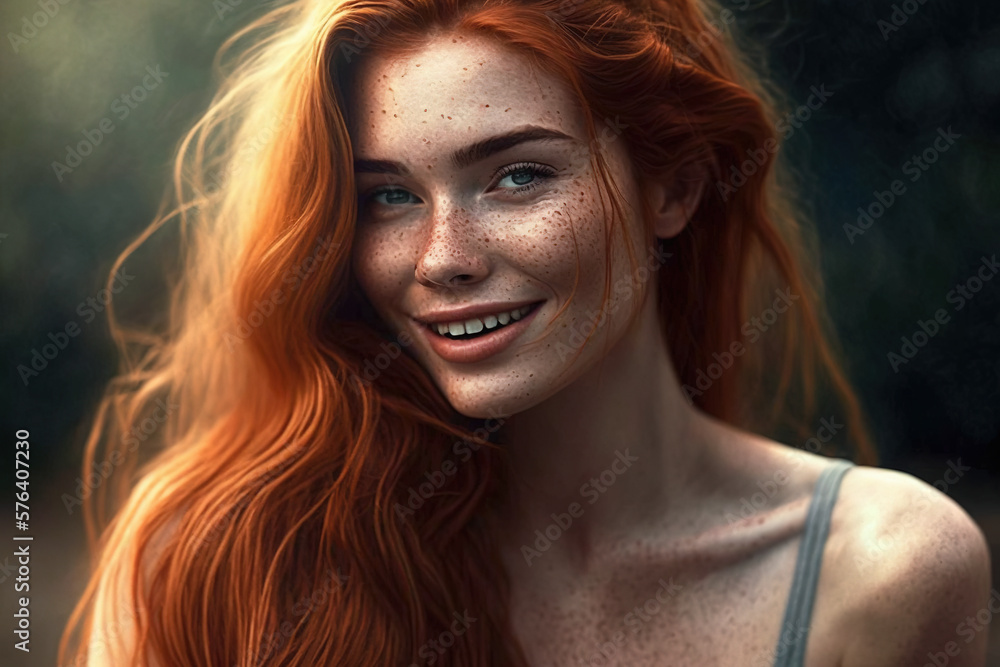 Sensual redhead young woman with lots of freckles on her skin ...