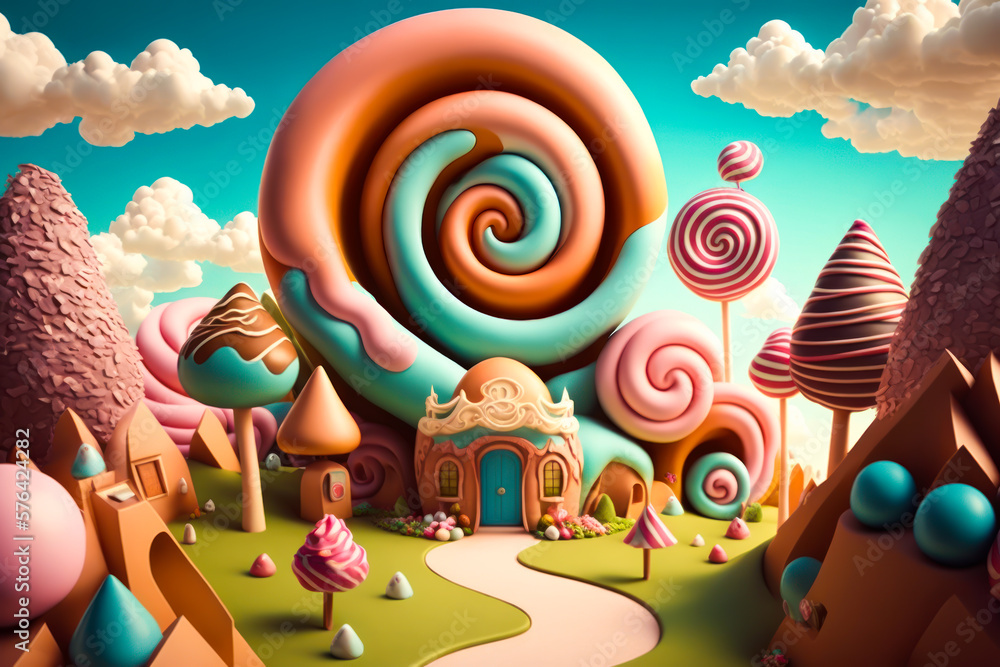 Candy town with small house in the center, lollipop trees, Generative ...