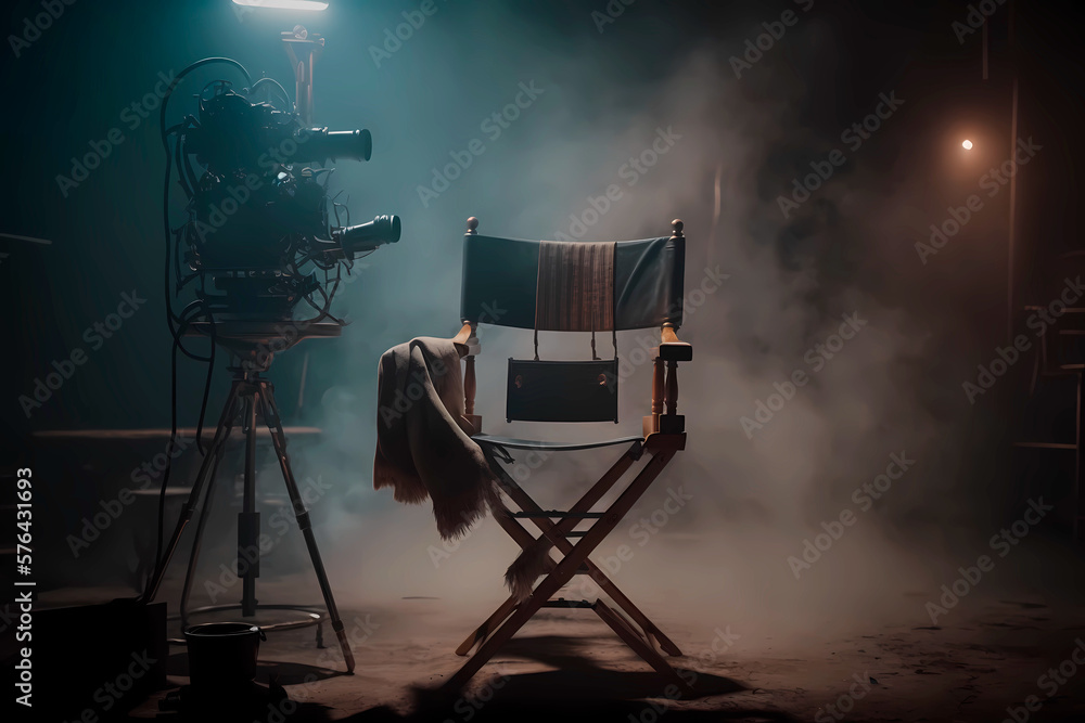 Film Studio, Indoor film set lighted director's chair in the long ...